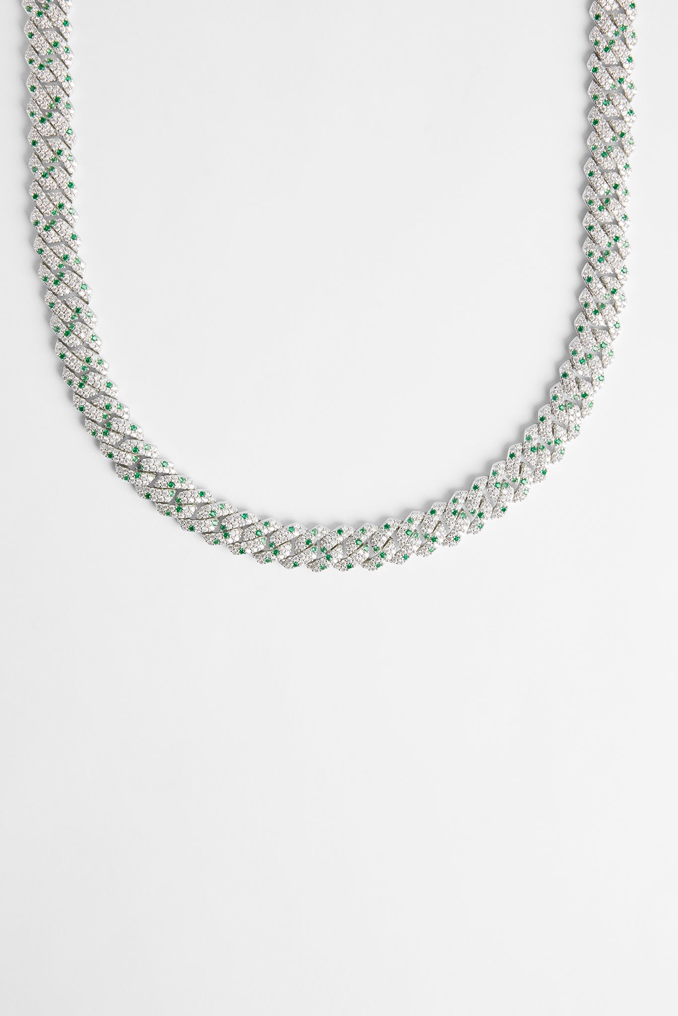 14mm Iced Clear & Green Prong Cuban Chain - White Gold – Cernucci