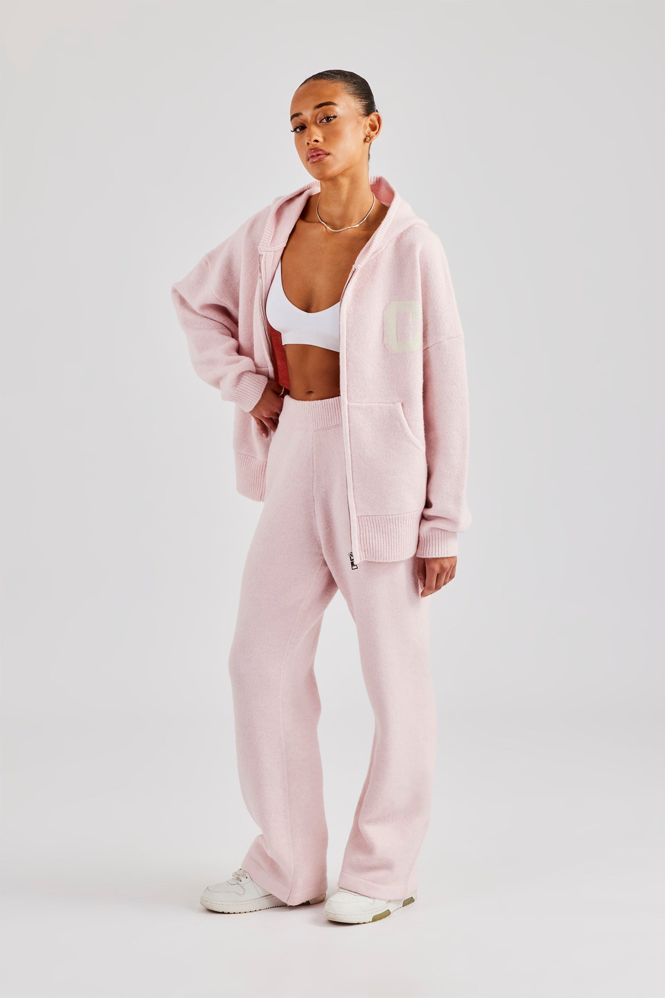 Hooded Zip Through Knitted Tracksuit - Baby Pink | Womens Sets | Shop ...