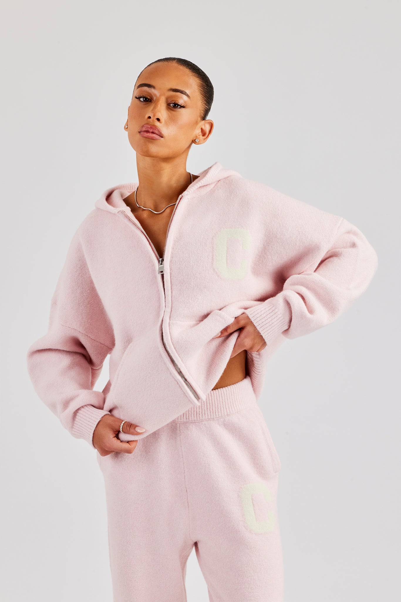 Hooded Zip Through Knitted Jumper - Baby Pink | Womens Knitwear | Shop ...