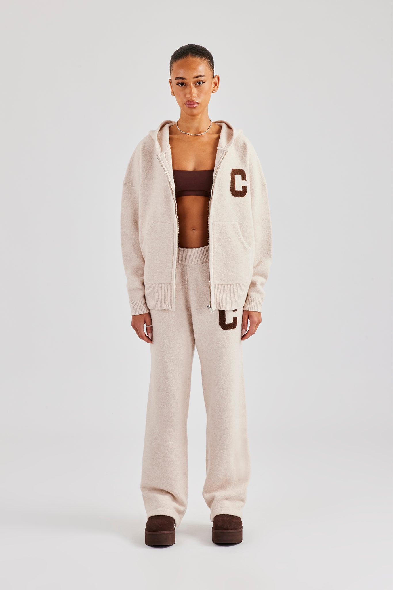 Hooded Zip Through Knitted Tracksuit - Off White | Womens Sets | Shop ...
