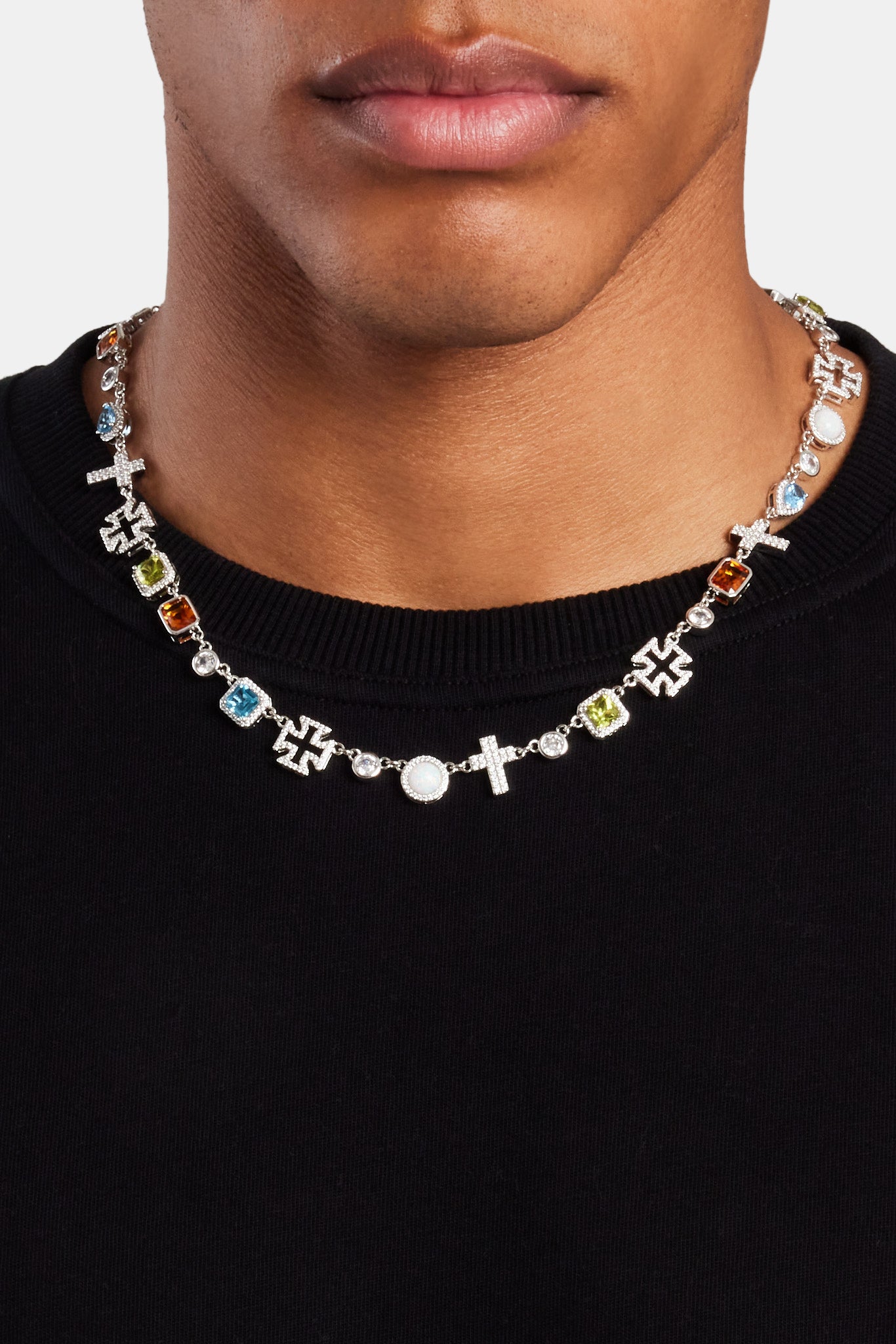Multi Gemstone & Cross Chain - White | Mens Chains | Shop Motif Chains ...