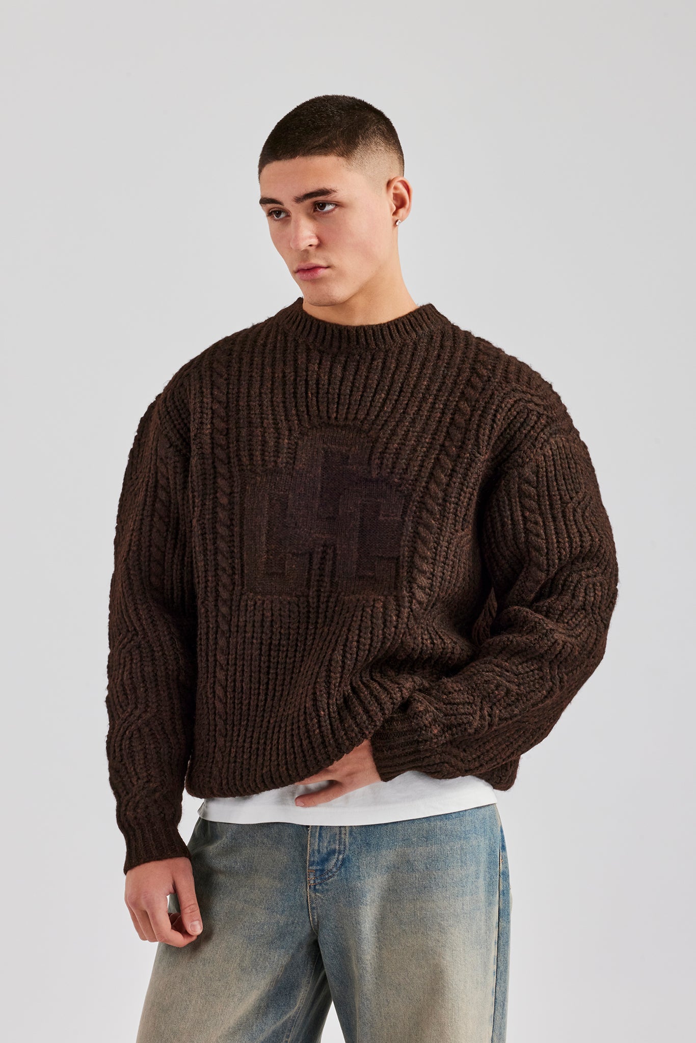 CCC Spliced Cable Knit Sweater - Chocolate | Mens Knitwear | Shop ...