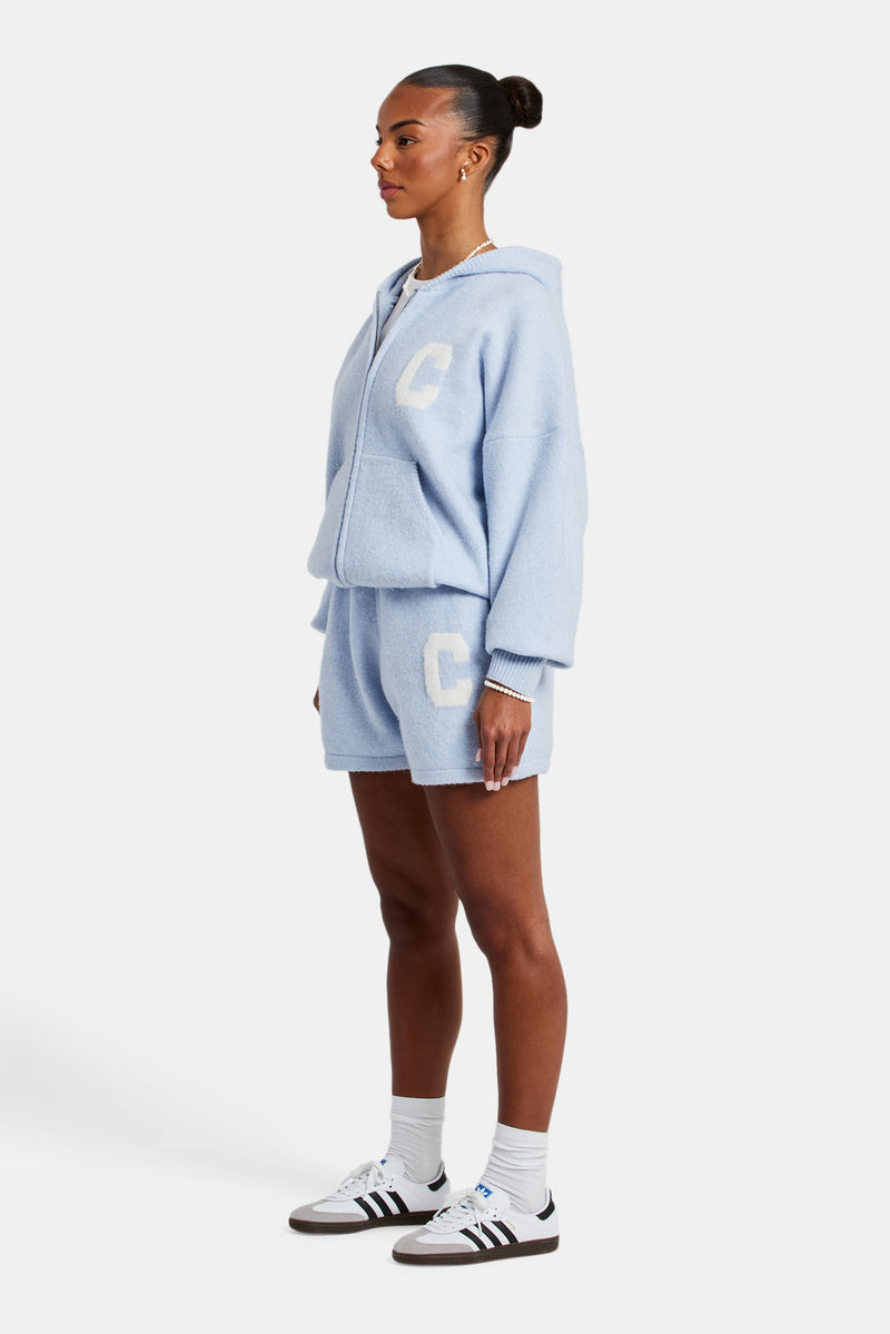 Hooded Zip Through Knitted Short Tracksuit - Light Blue | Womens Sets ...