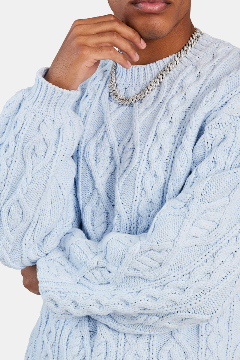 Cable Knit Varsity Sweater - Blue | Mens Knitwear | Shop Knitwear ...