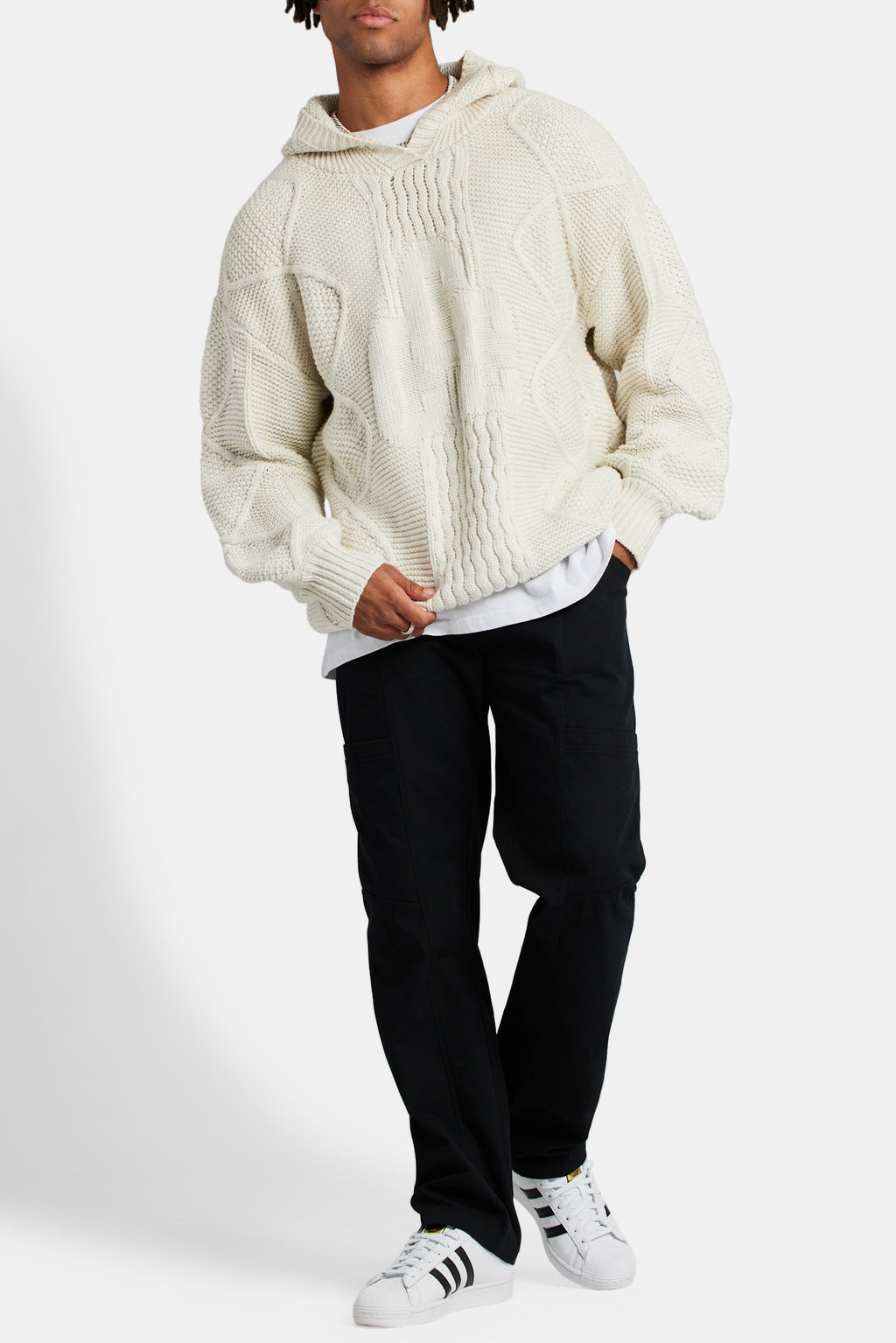 CCC Cable Knit Varsity Hoodie - Ecru | Mens Knitwear | Shop Knitwear ...