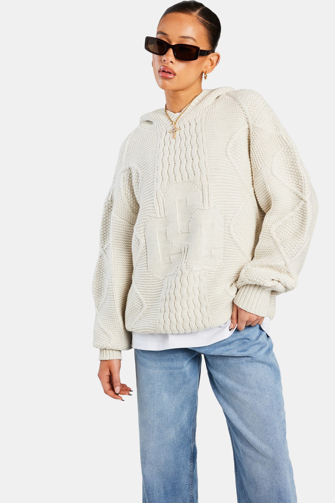 Womens CCC Cable Knit Varsity Hoodie - Ecru | Womens Knitwear | Shop ...