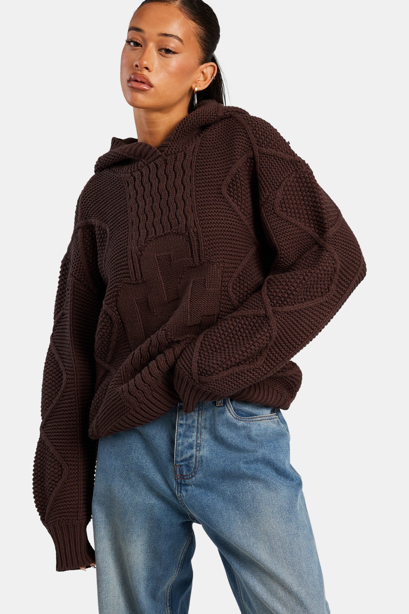 Womens CCC Cable Knit Varsity Hoodie - Chocolate | Womens Knitwear ...