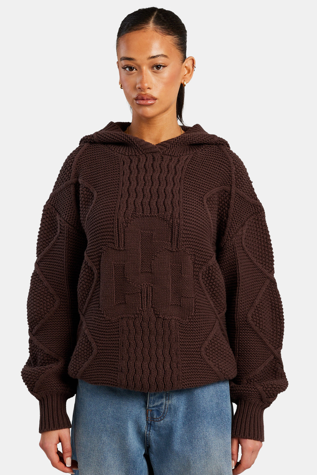Womens CCC Cable Knit Varsity Hoodie - Chocolate | Womens Knitwear ...