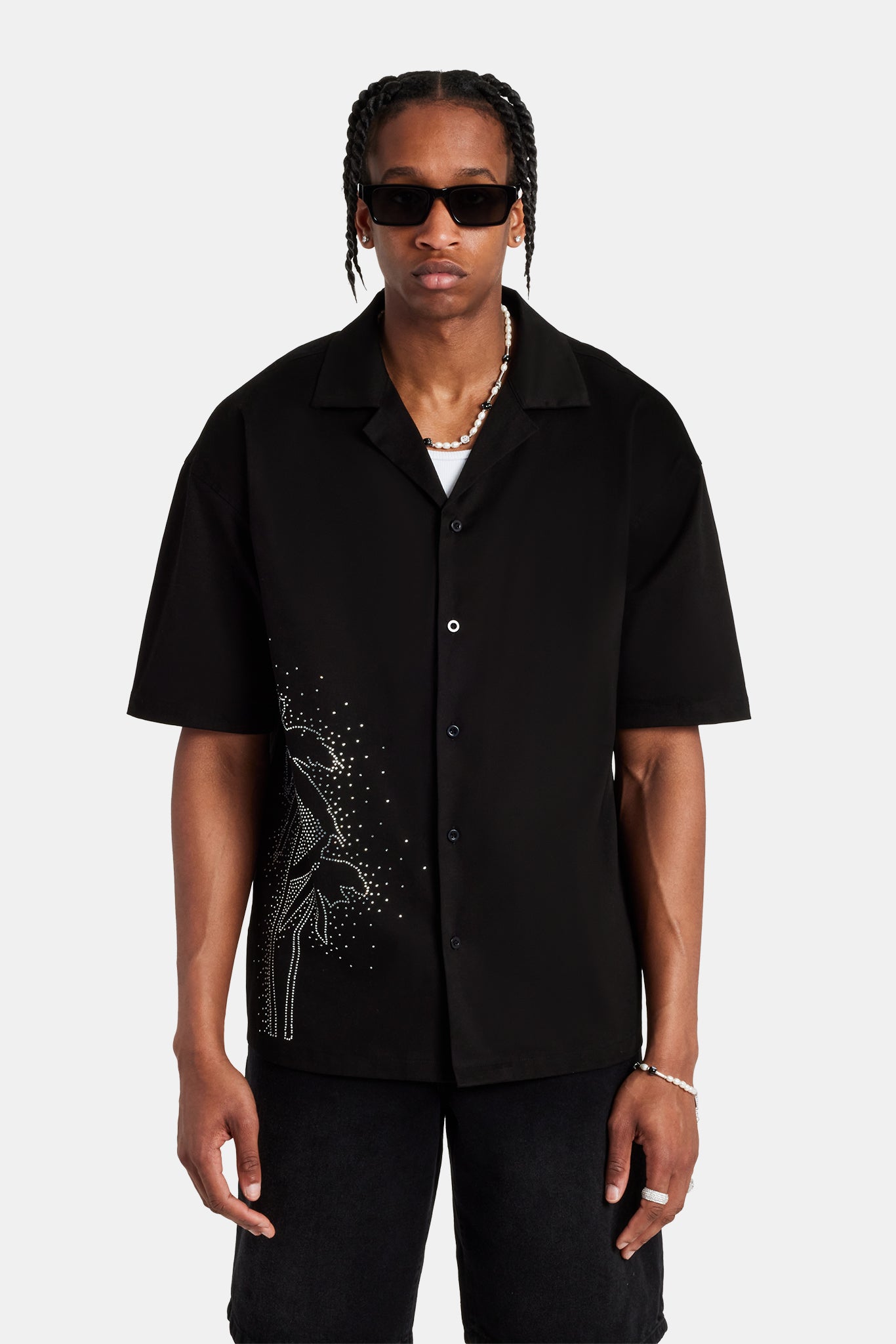 Rhinestone Palm Shirt - Black | Mens Shirts | Shop Printed Shirts at CERNUCCI.COM – Cernucci