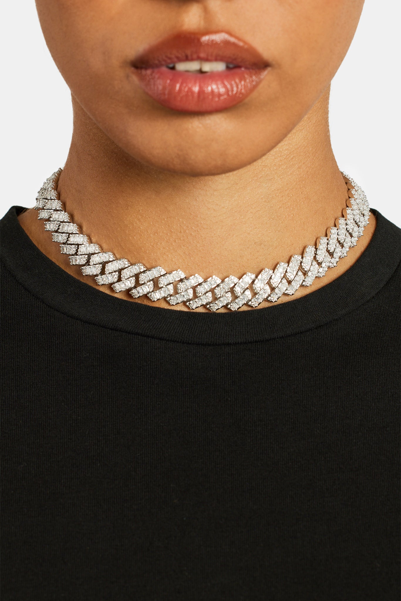 14mm Womens Baguette Prong Cuban Chain - White Gold | Womens Chains ...