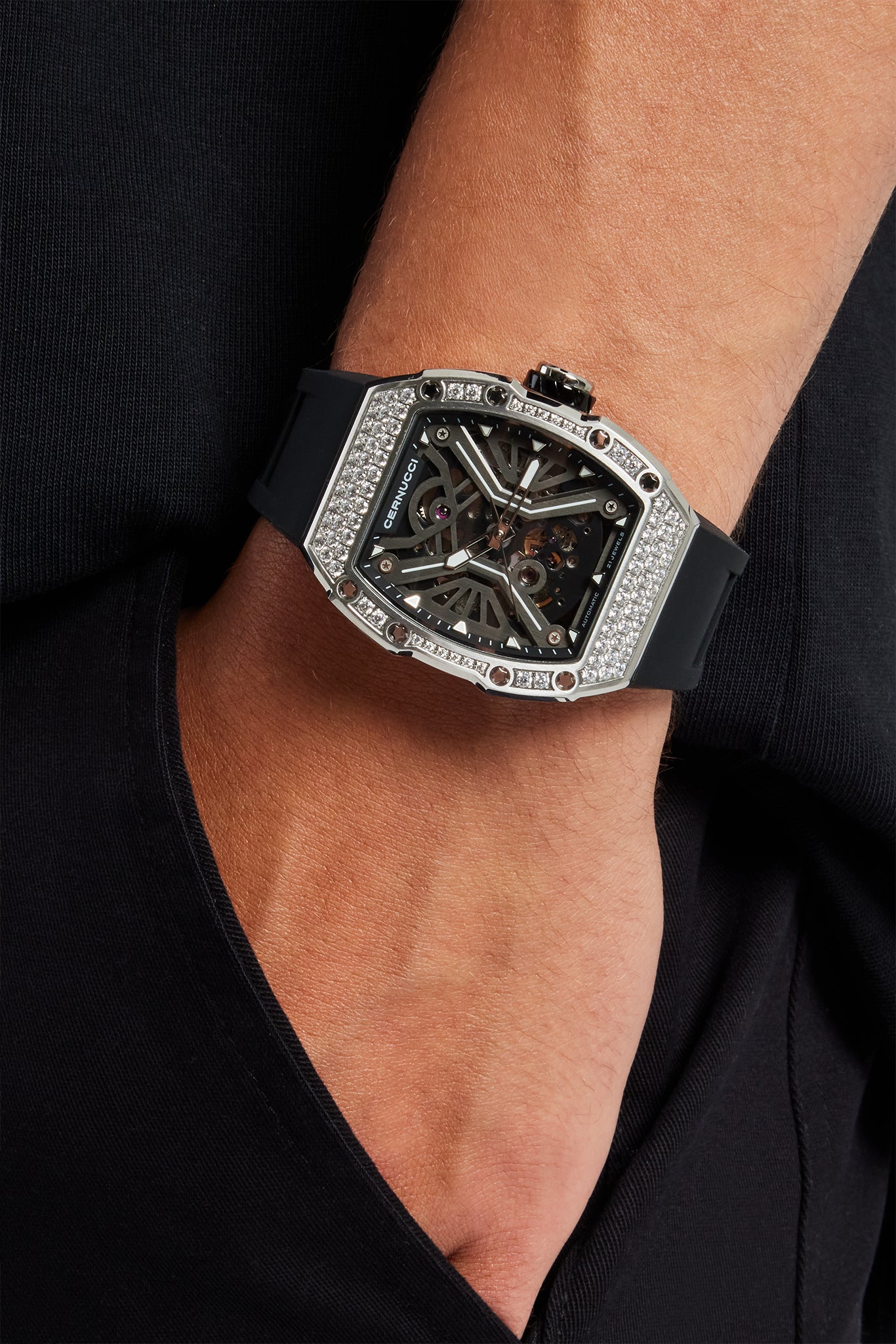 Iced Bezel Skeleton Rubber Strap Watch | Mens Watches | Shop Polished ...