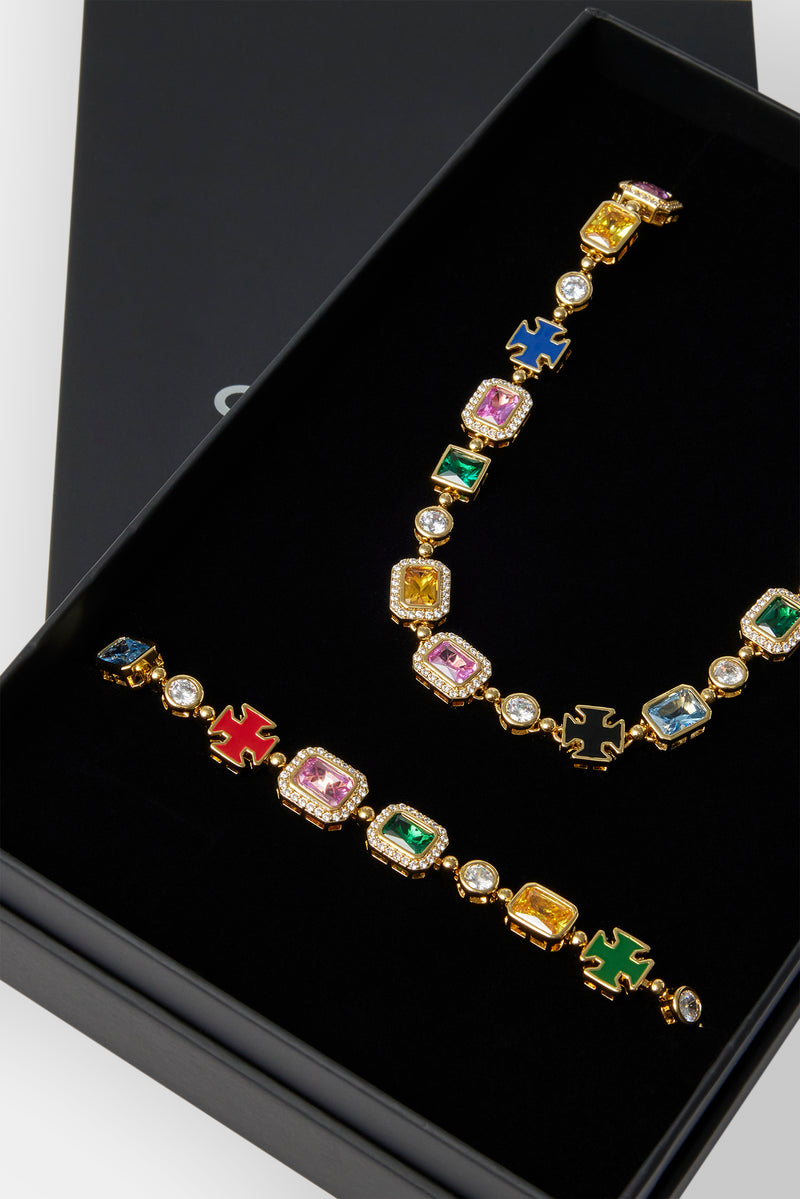 Multi Gemstone Motif Chain & Bracelet Set - Gold | Mens Gift Sets ...