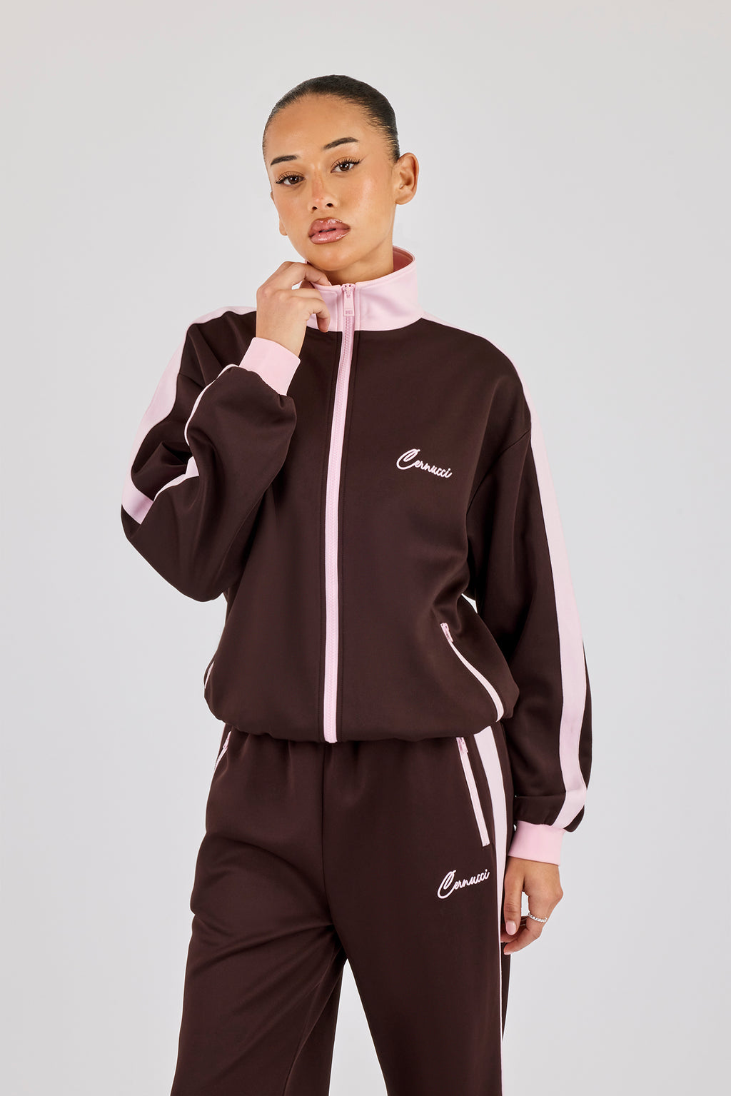Pink Rib Contrast Panel Track Top - Chocolate | Womens Outerwear | Shop ...