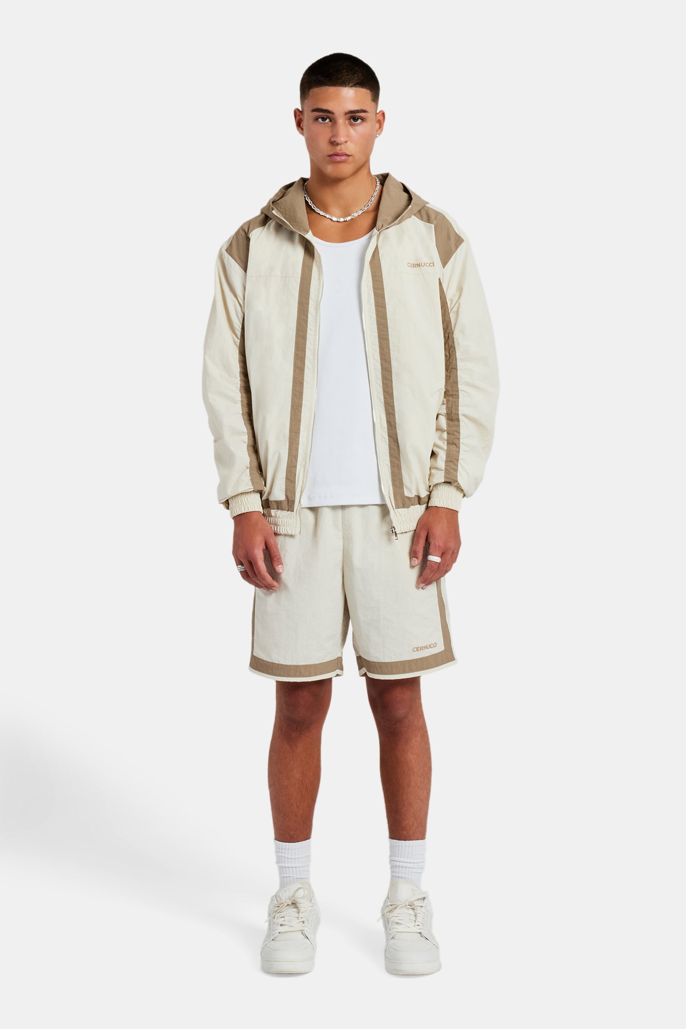 Nylon Colour Block Zip Through & Short Set - Off White | Mens Sets ...