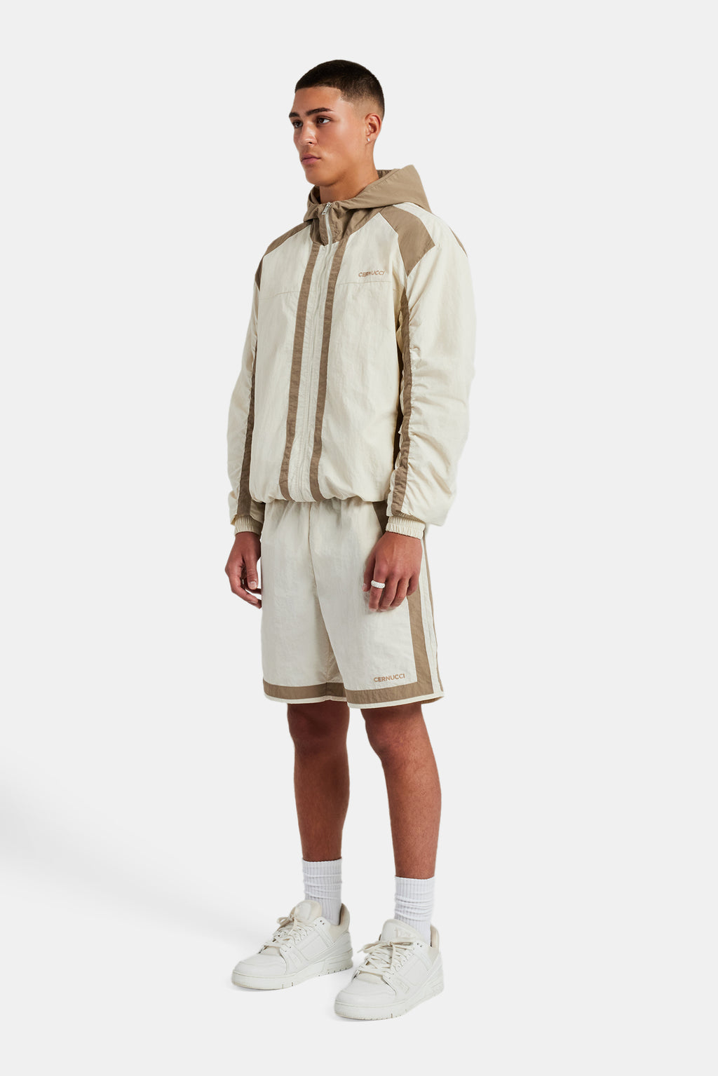 Nylon Colour Block Zip Through & Short Set - Off White | Mens Sets ...