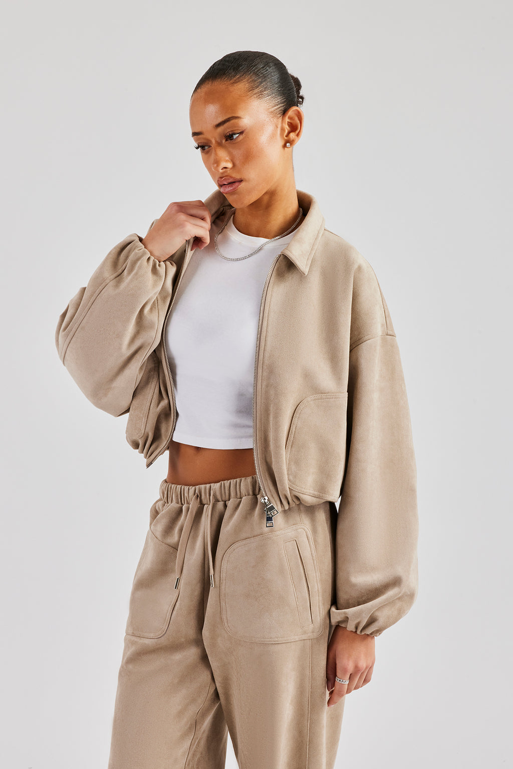 Suede Collared Bomber Jacket & Wide Leg Trouser - Beige | Womens Sets ...