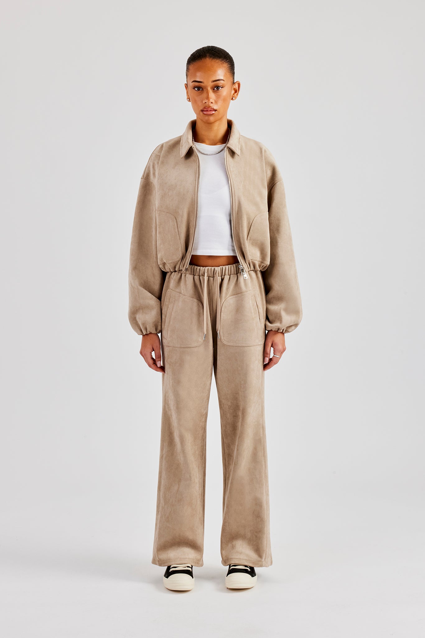 Suede Collared Bomber Jacket & Wide Leg Trouser - Beige | Womens Sets ...