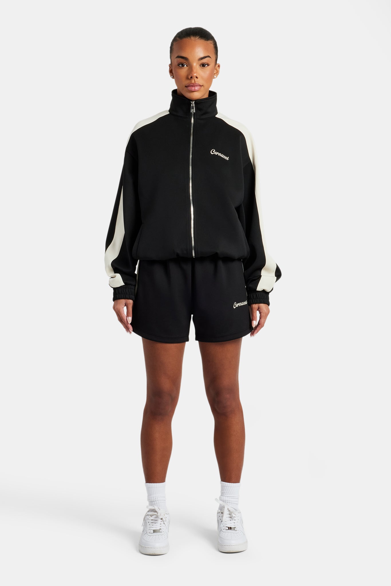 Womens Contrast Panel Track Jacket & Short Set - Black | Womens Sets ...