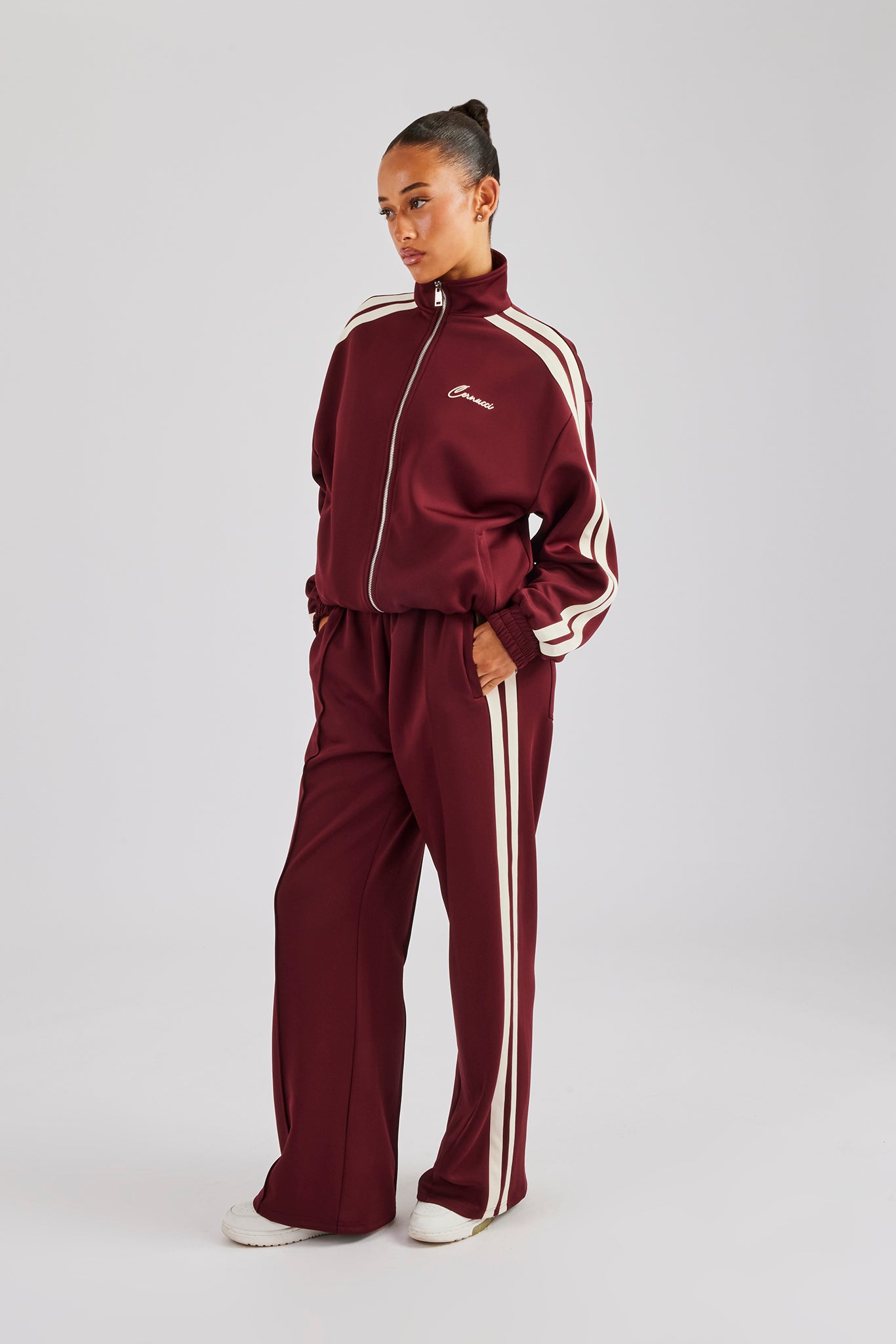 Taping Wide Leg Track Pant - Burgundy | Womens Bottoms | Shop Trousers at CERNUCCI.COM – Cernucci