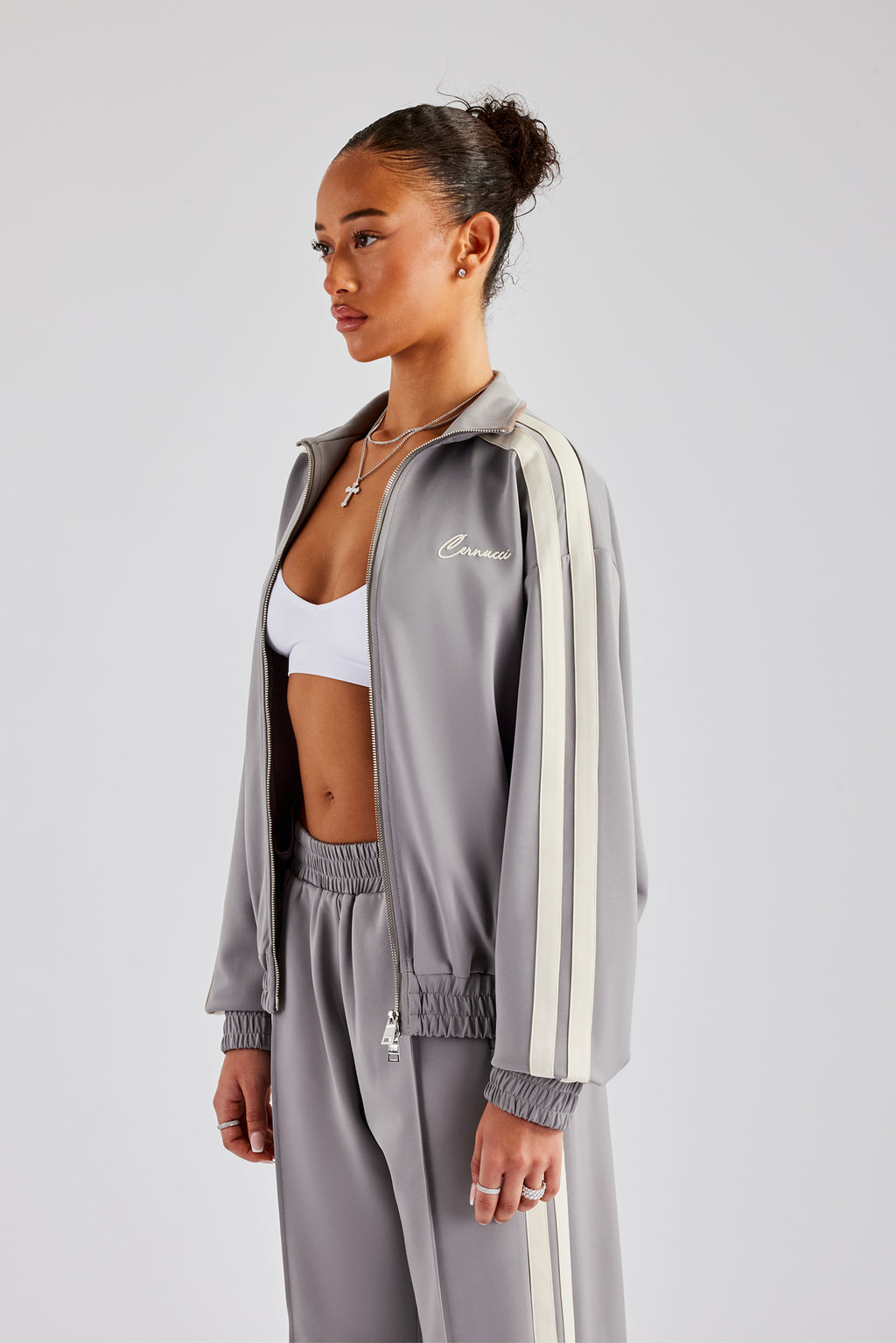 Funnel Neck Taping Zip Through Track Jacket - Grey | Womens Outerwear ...