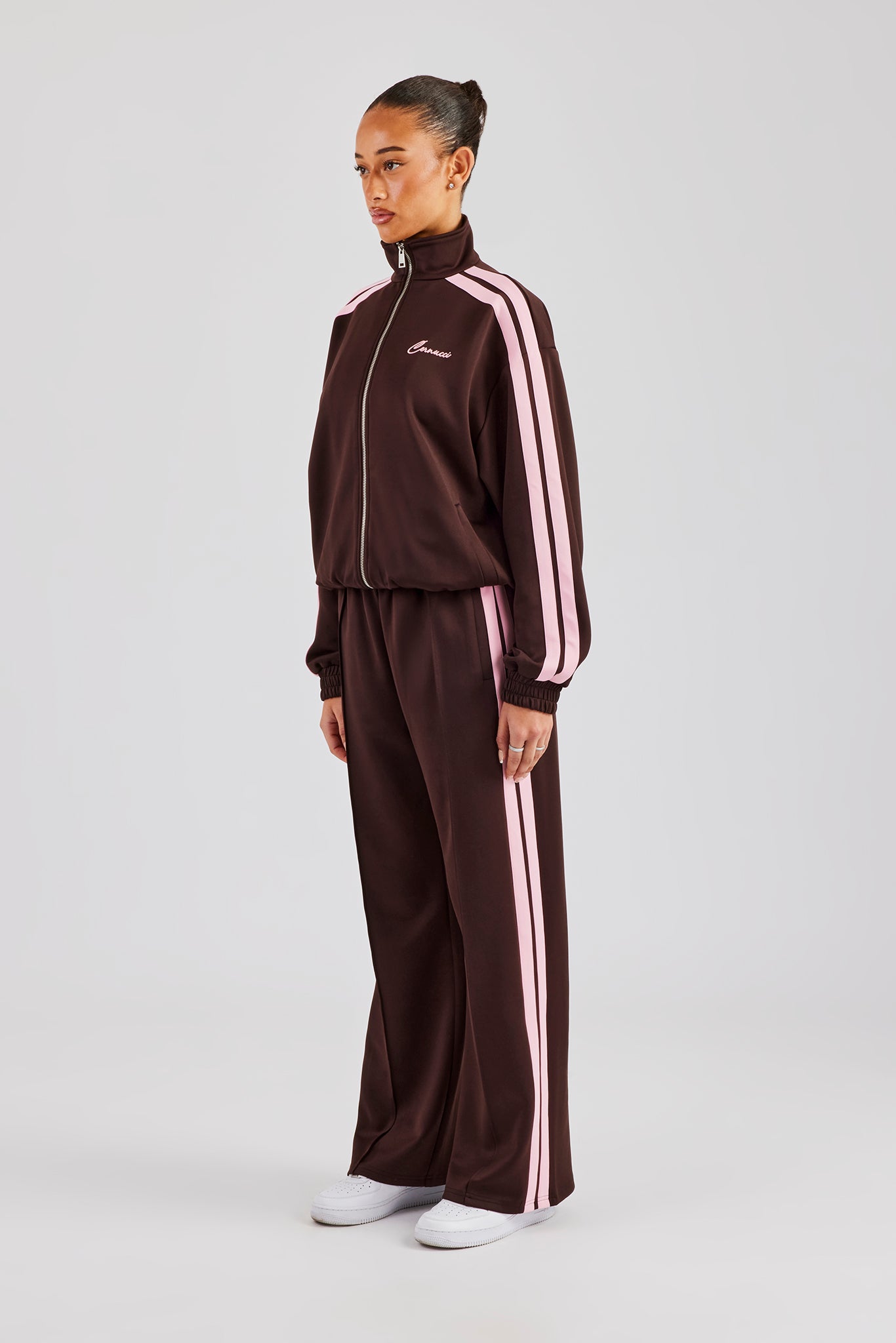 Funnel Neck Pink Taping Zip Through Tracksuit - Chocolate | Womens Sets ...