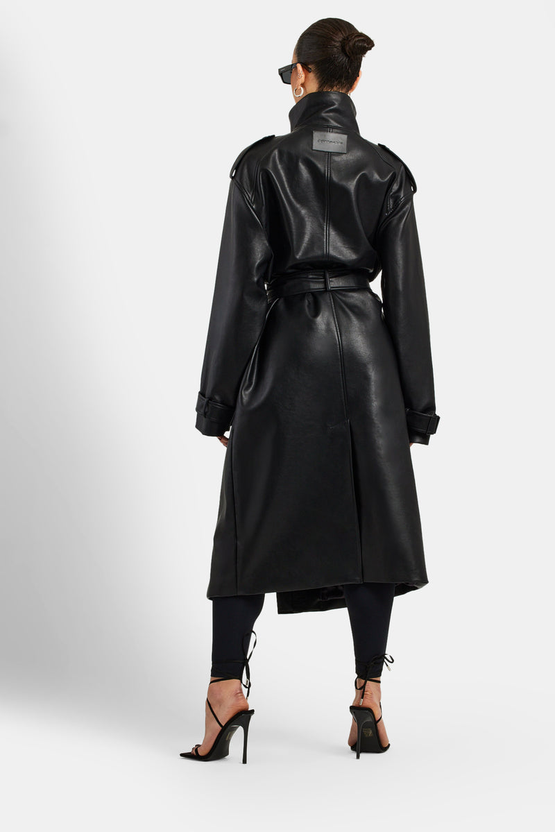Ladies Faux Leather Trench Coat - Black | Womens Outerwear | Shop Jackets at CERNUCCI.COM – Cernucci