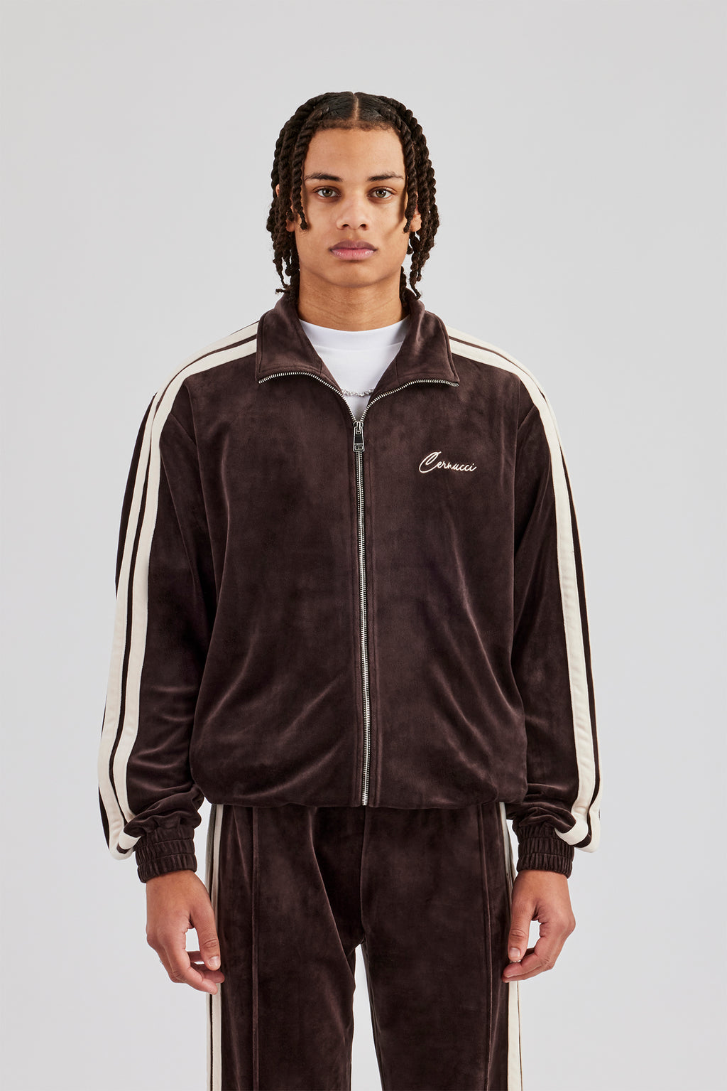 Zip Through Taping Velour Track Jacket - Chocolate | Mens Outerwear ...