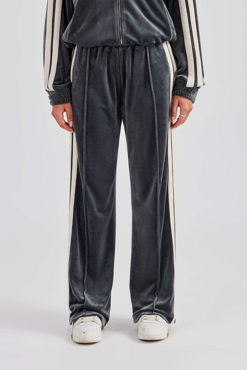 Taping Wide Leg Velour Track Pant - Grey | Womens Joggers | Shop Plain ...