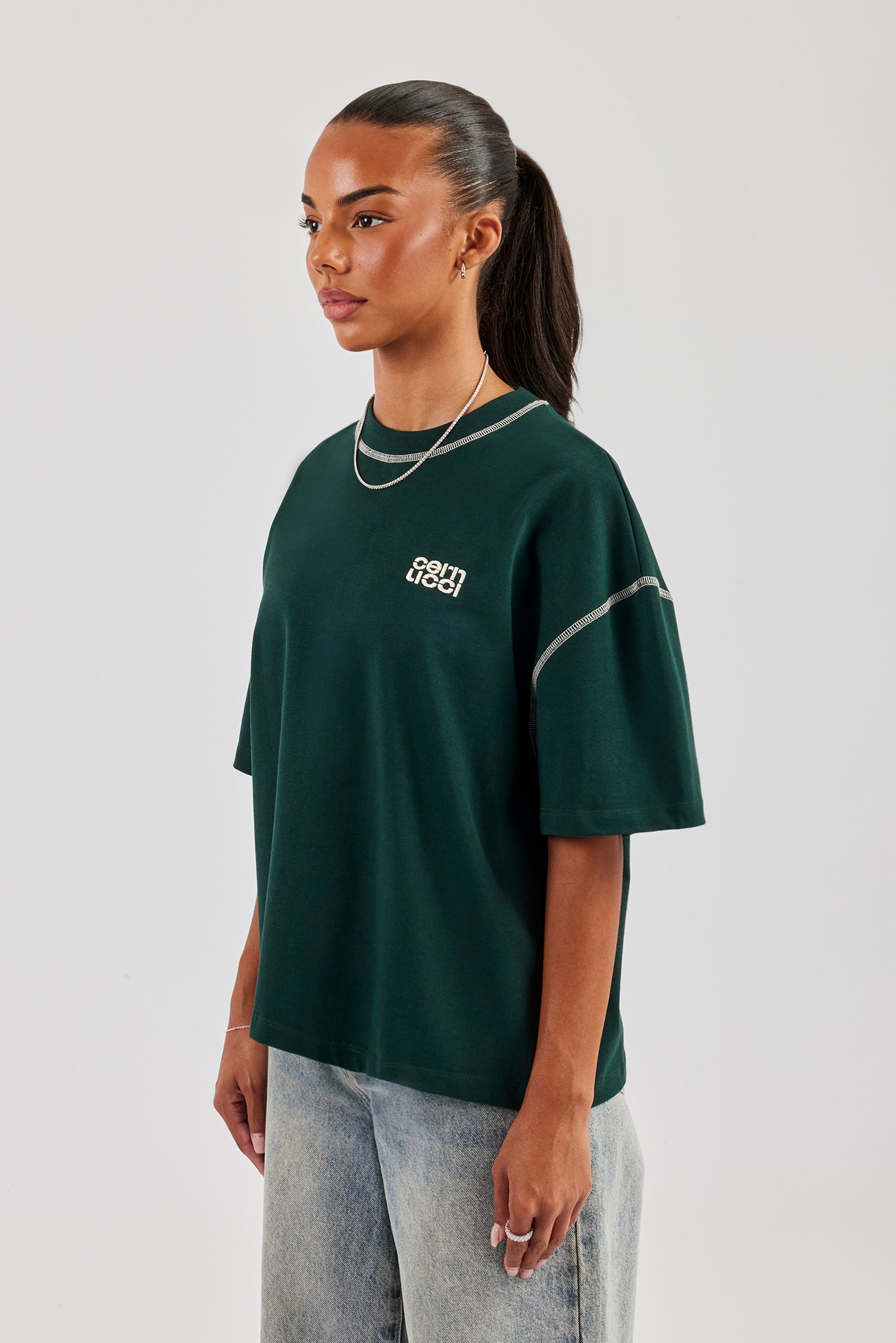 Diamond Cut Contrast Stitch T-Shirt - Forest Green | Womens Tees ...