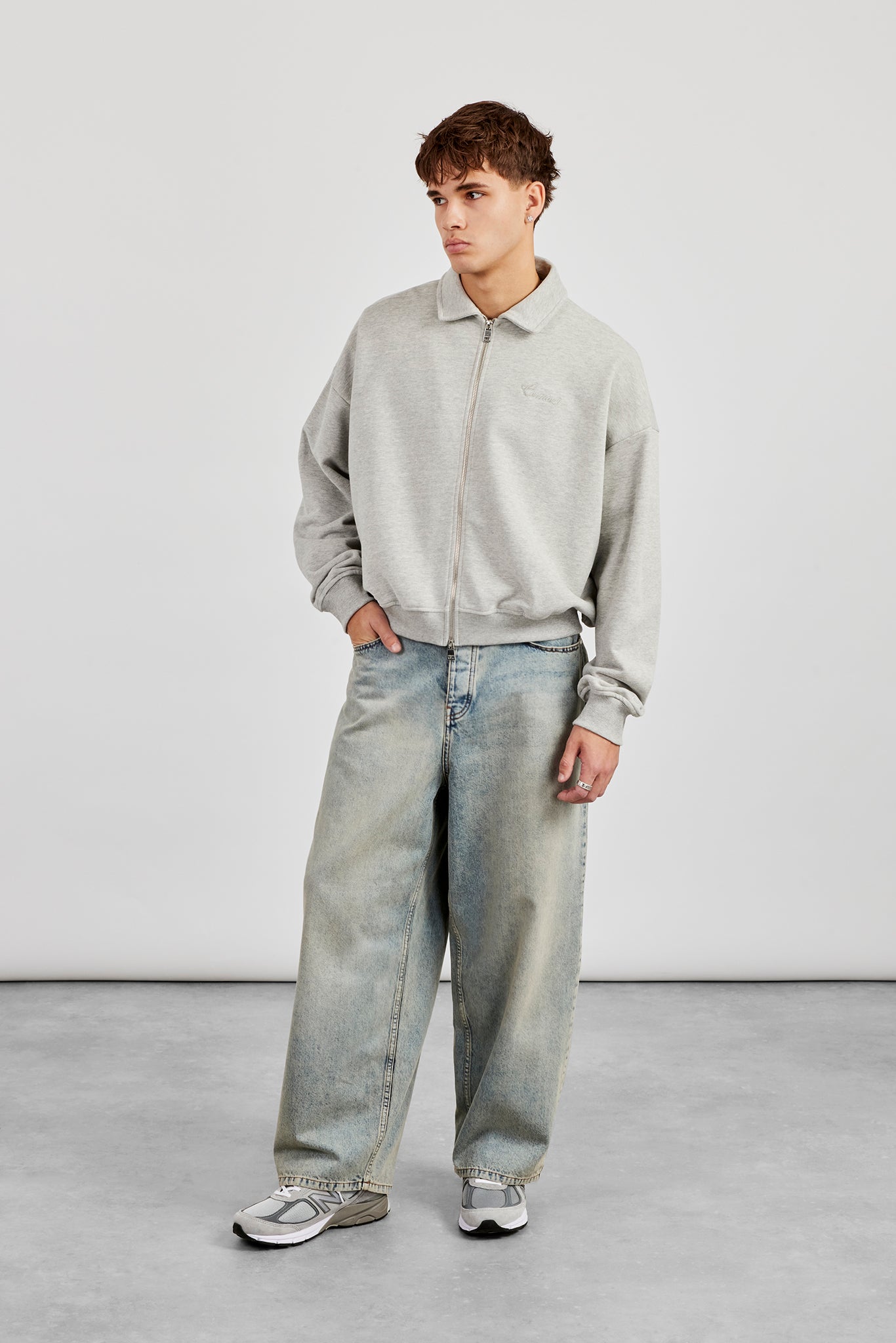 Jersey Zip Through Collared Jacket - Grey Marl | Mens Hoodies & Sweats ...