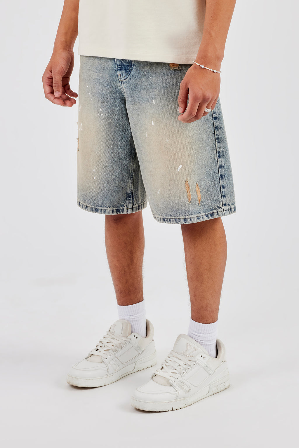 Paint Splatter Denim Bermuda Jorts - Antique Wash | Mens Shorts | Shop ...