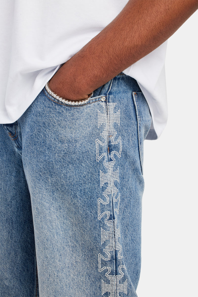 Relaxed Rhinestone Motif Jeans - Mid Blue | Mens Denim | Shop Denim ...