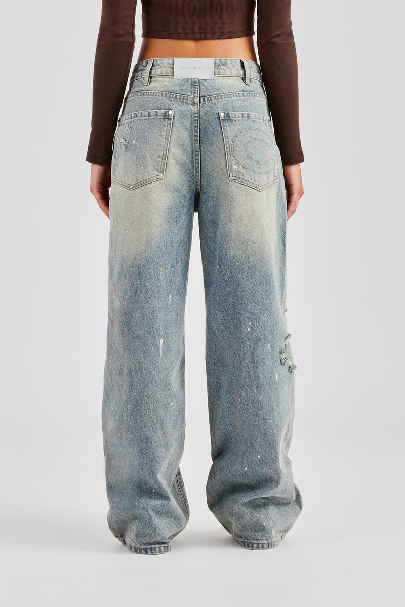 Distressed Paint Splatter Baggy Jean - Antique Wash | Womens Denim ...