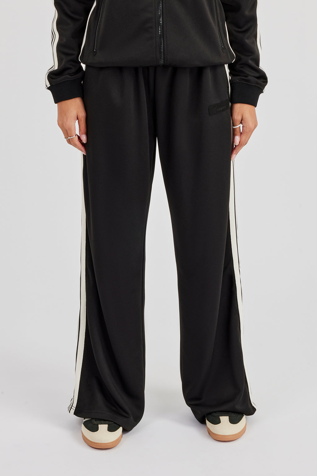 Womens Wide Leg Poly Smooth Taping Track Pant - Black | Womens Bottoms | Shop Trousers at ...