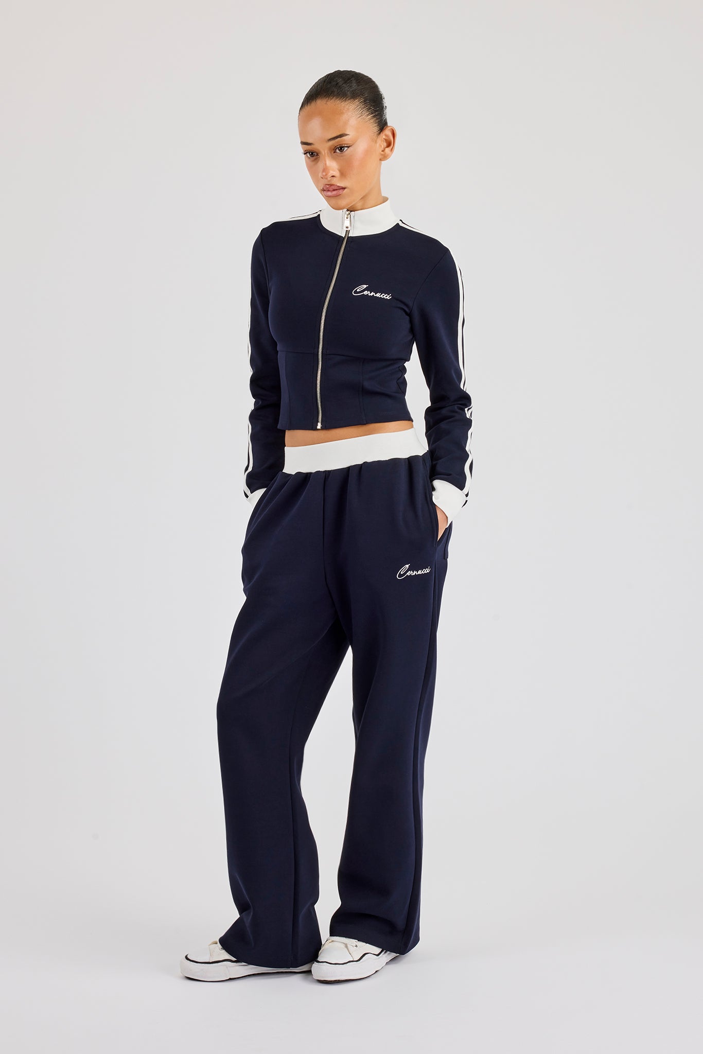 Soft Touch Stripe Zip Through Track Jacket & Wide Leg Jogger - Navy ...