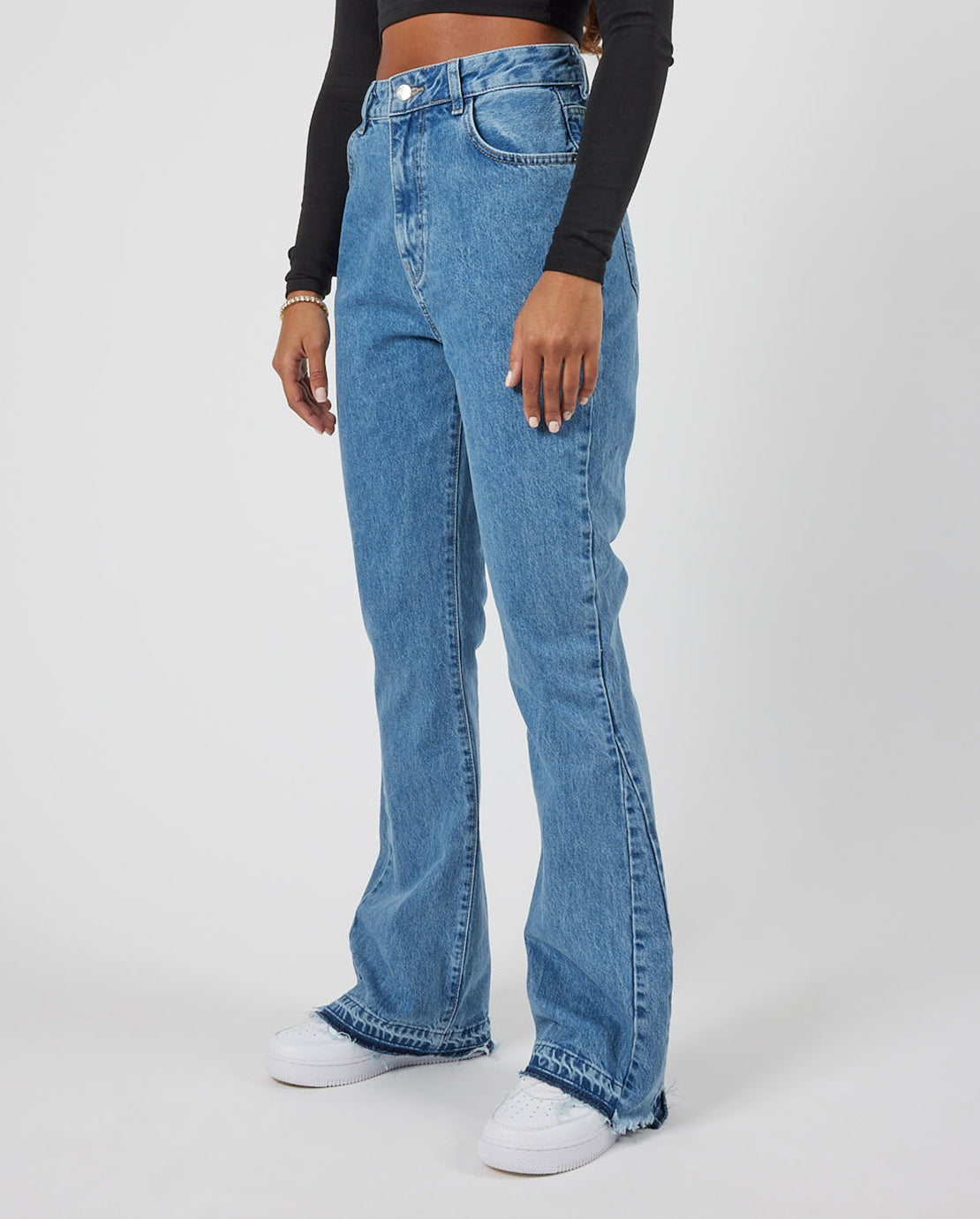 Tonal Panelled Flare Detail Jeans - Mid Blue – Cernucci