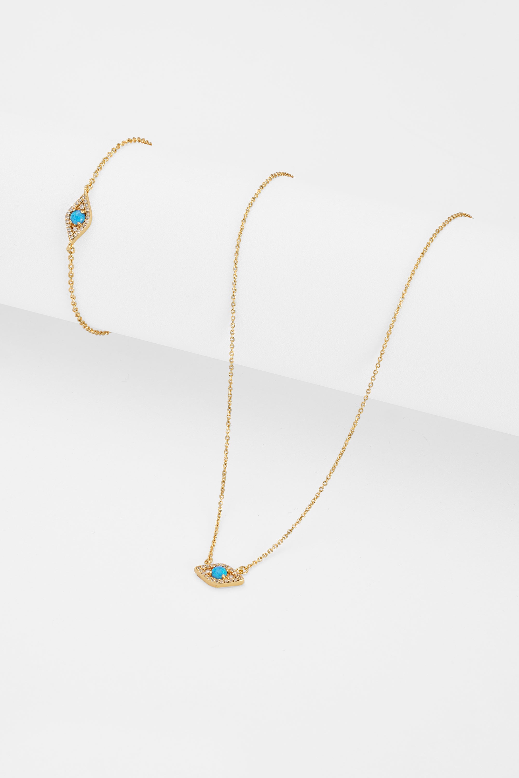 Iced Blue Opal Mini Evil Eye Necklace + Bracelet Bundle - Gold – Cernucci